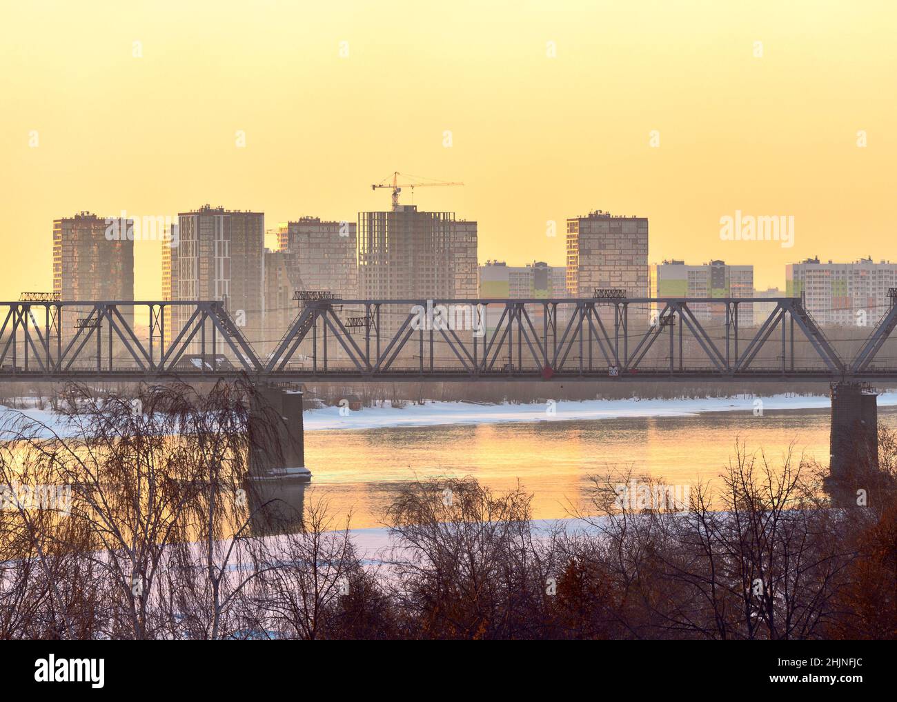 Railway bridge over the great Siberian river Ob in the city of ...