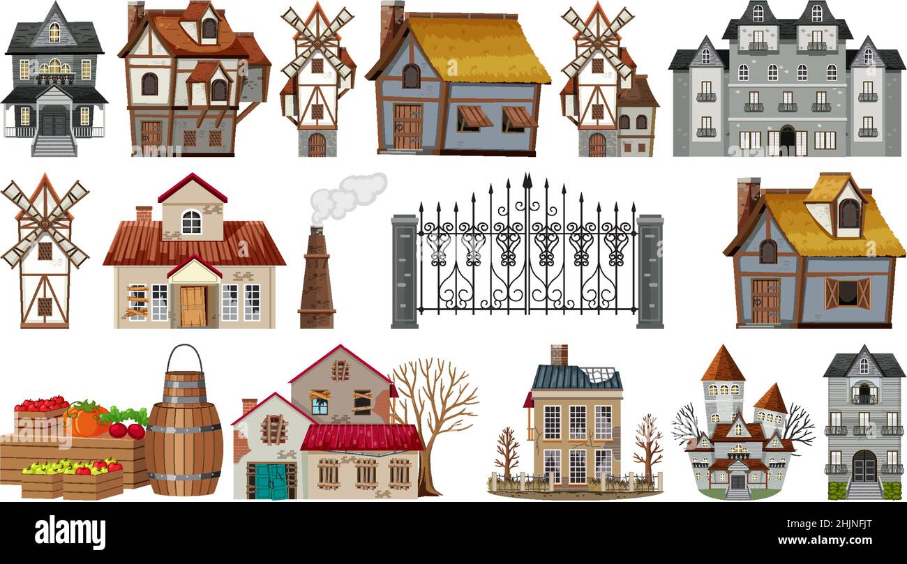 Set of abandoned houses and buildings illustration Stock Vector Image ...