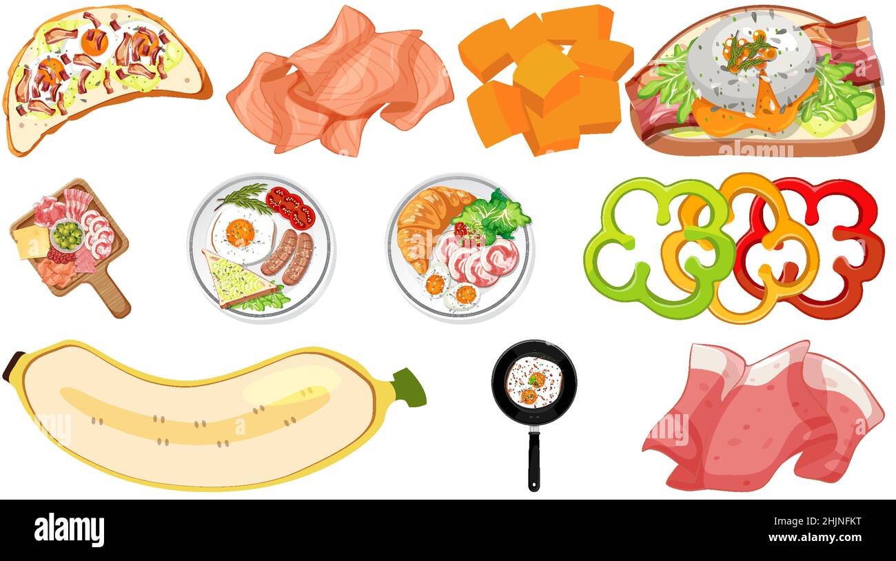 Collection of food ingredients on white background illustration Stock ...