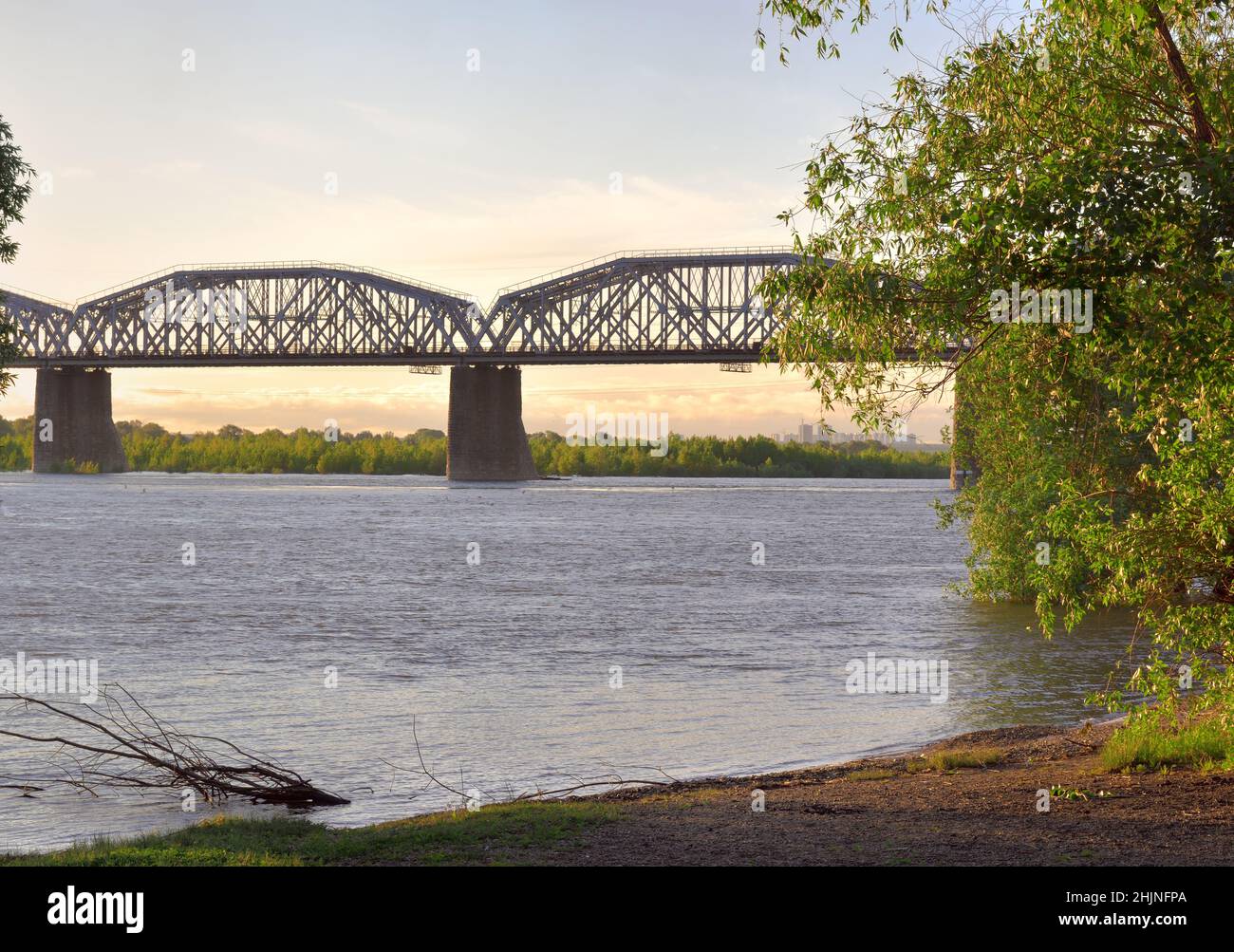 Bridge trusses on high supports, the Bank of the great Siberian river ...