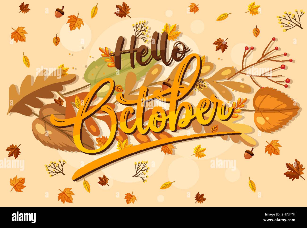 Hello October logo with ornamental autumn leaf illustration Stock ...