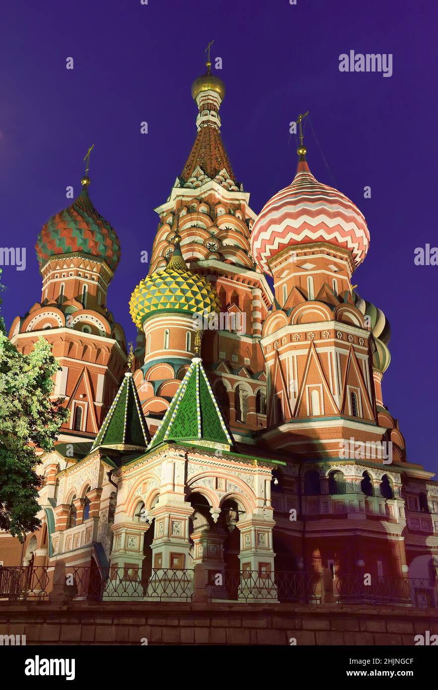 St. Basil's Cathedral on red square in night illumination. Medieval ...