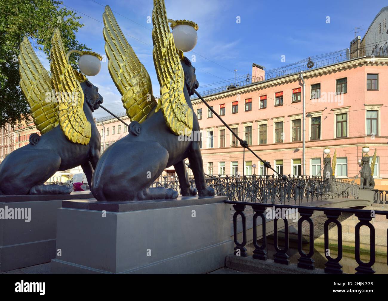 Gryphons of the Banks bridge on the Griboyedov canal. Four sculptures ...