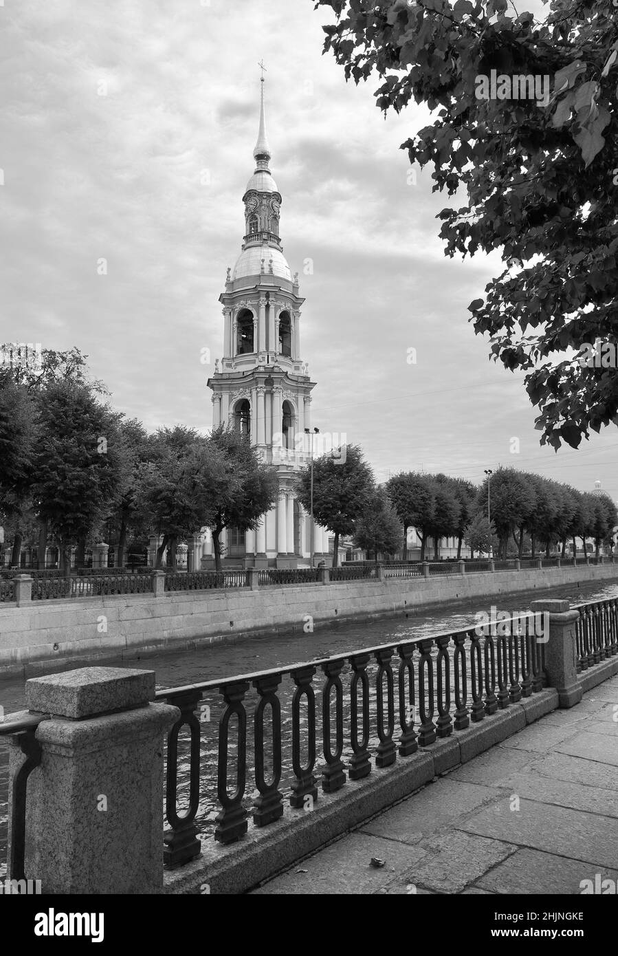 Bell tower of St. Nicholas Sea Cathedral. Tall, slender tower with a ...