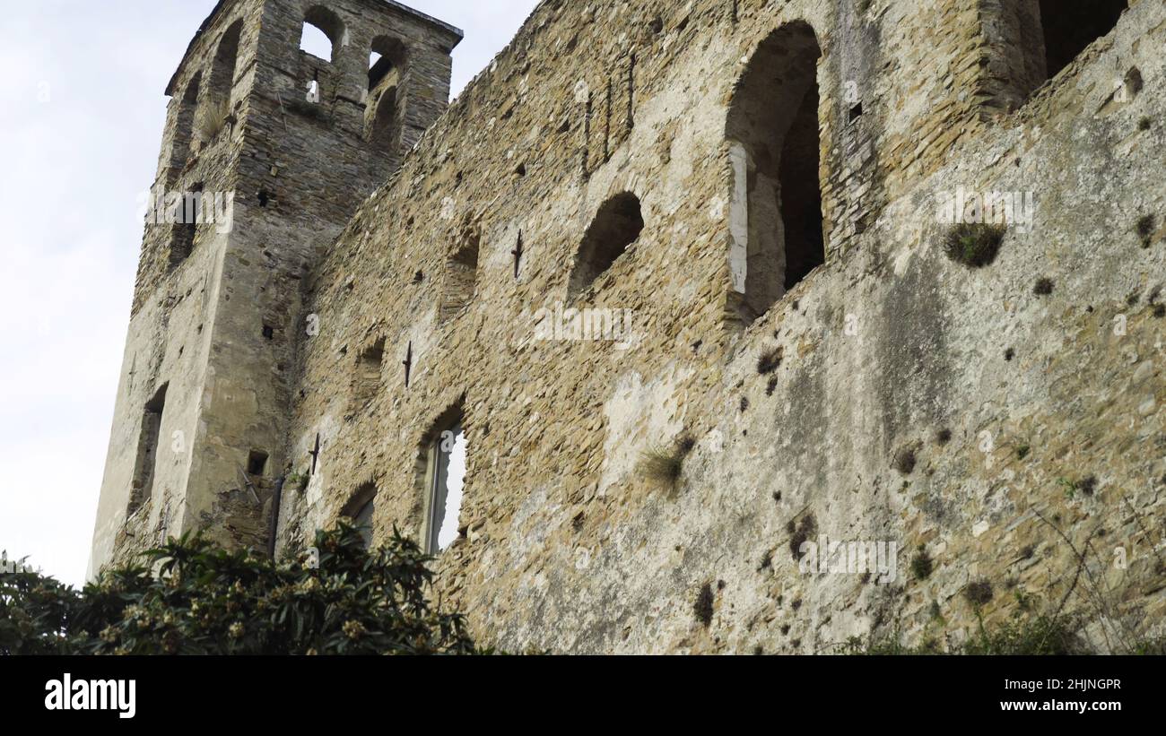 Bottom view of ancient fortress wall on background of sky. Action ...