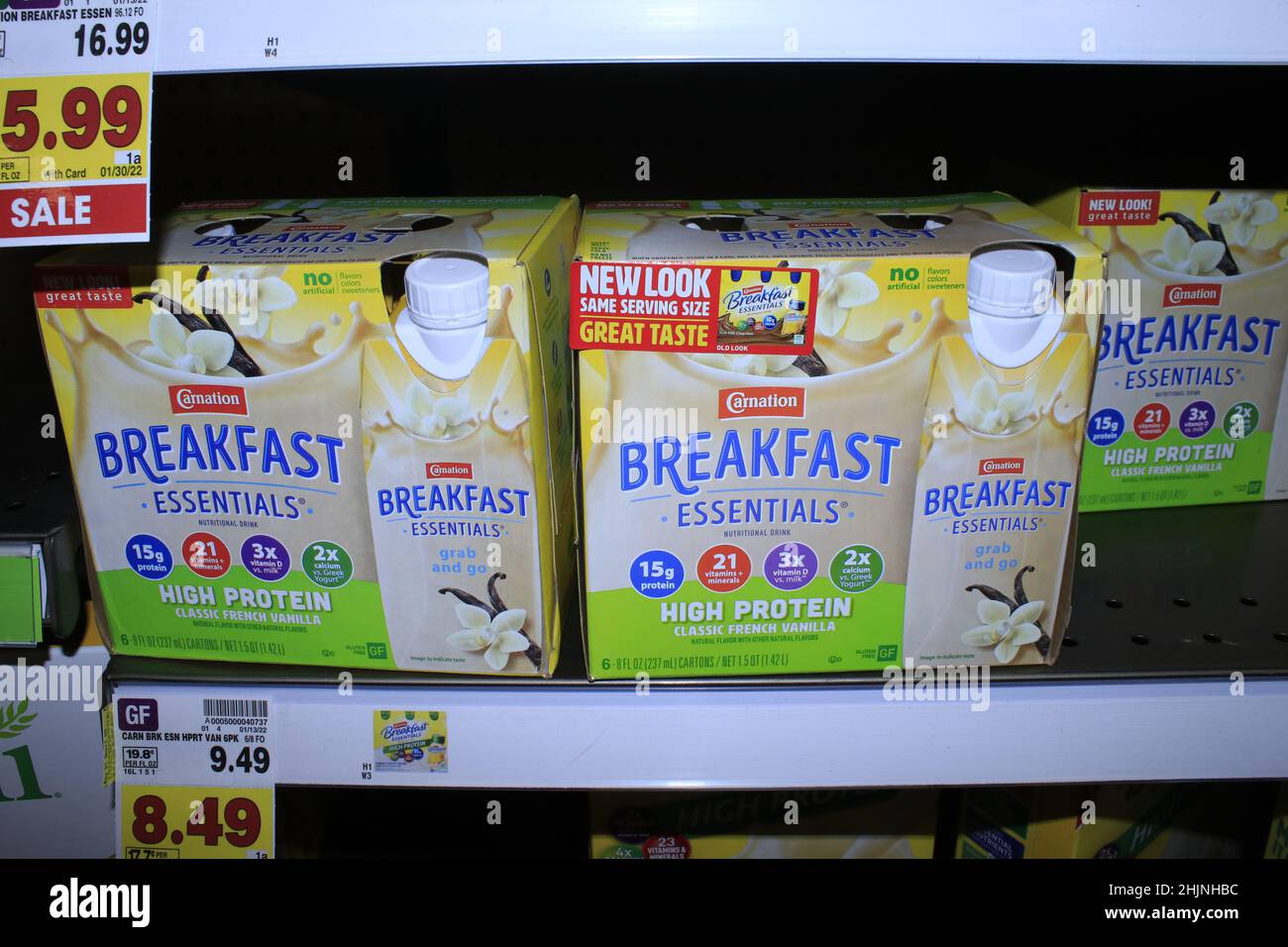 Breakfast ESSENTIALS shot closeup on a metal shelf at a Dillons grocery ...