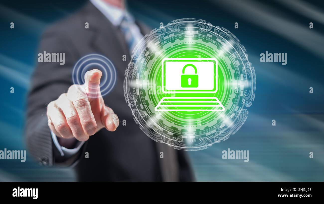 Man touching a cyber security concept on a touch screen with his ...