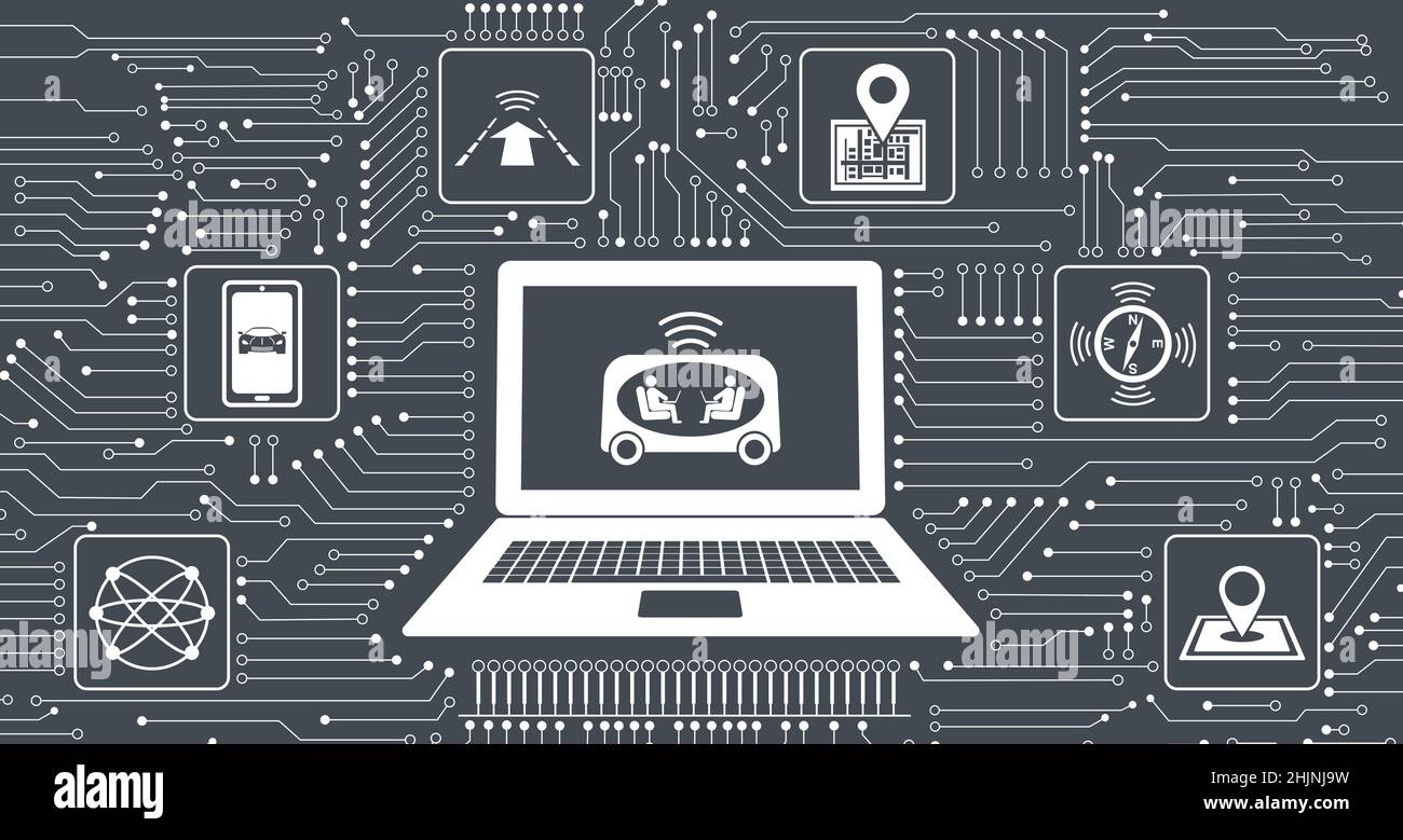 Concept of self-driving car with icons integrated in circuit Stock ...