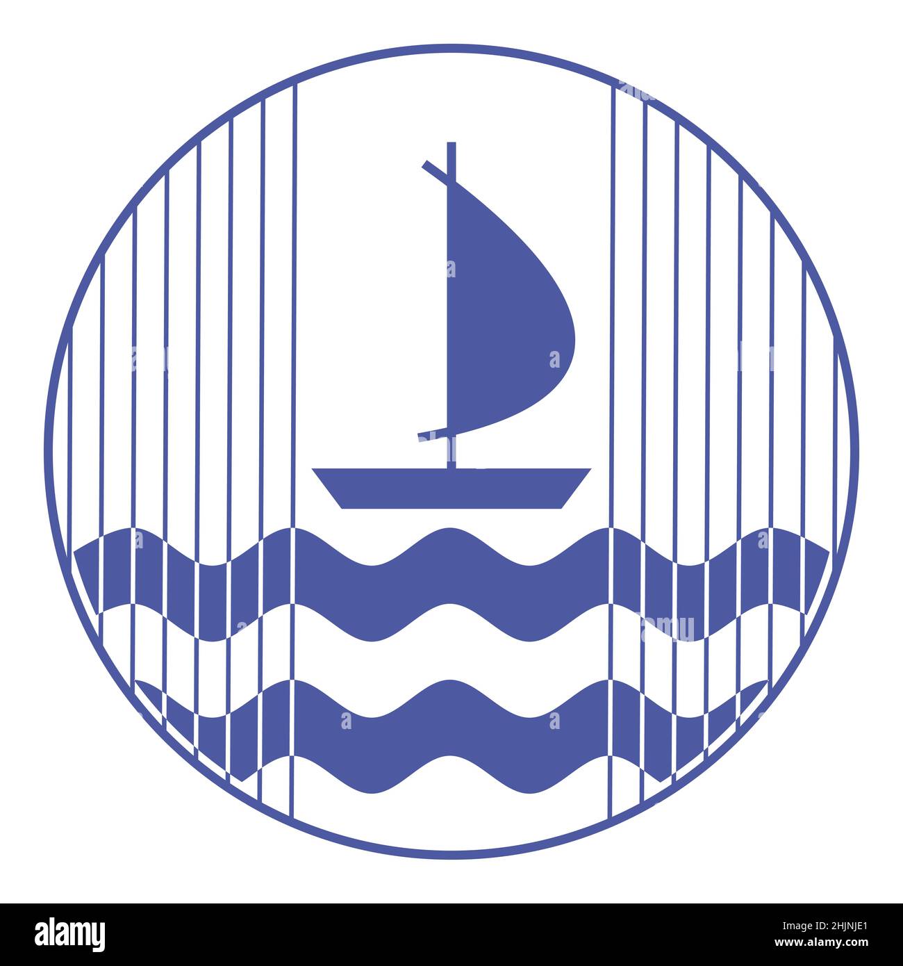 Blue and white round emblem. Blue ocean waves. Contour sailboat ...