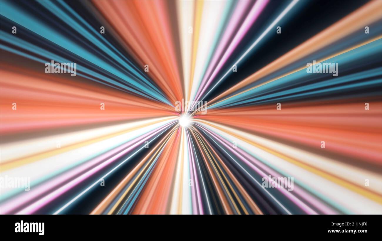 Abstract speed tunnel of colorful shining rays on black background ...