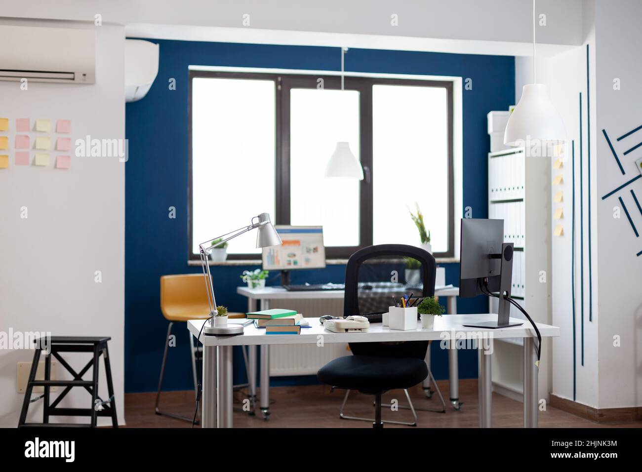 Empty business office room in modern open space workplace. Desk with ...