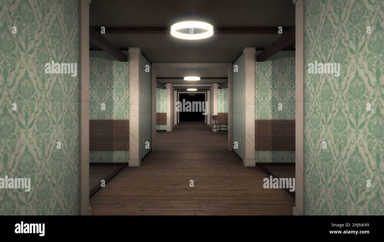 Old corridor with dark end. Animation. Moving forward along corridor ...