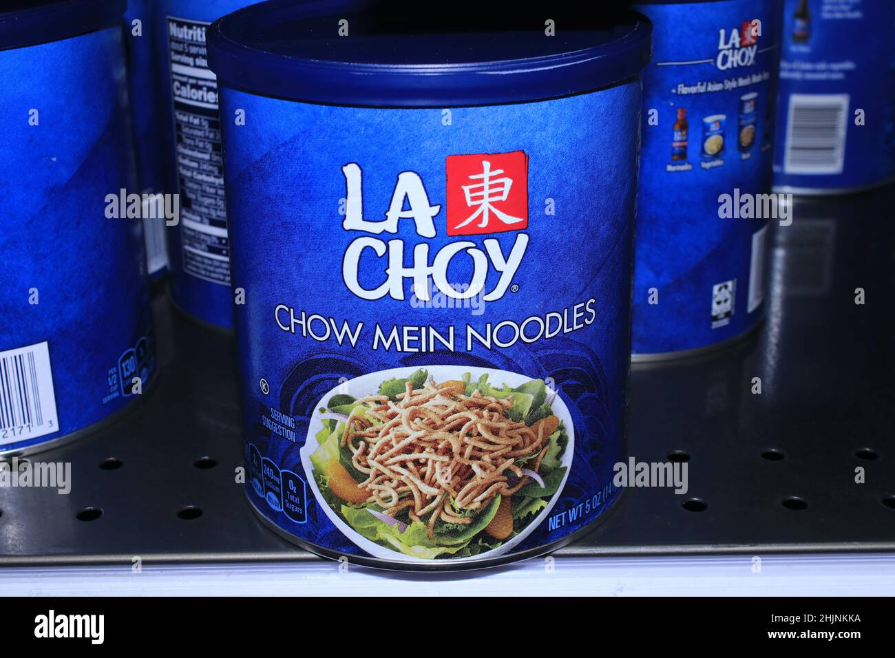 A closeup of LACHOY CHOW MEIN NOODLES on a metal shelf at a Dillons ...