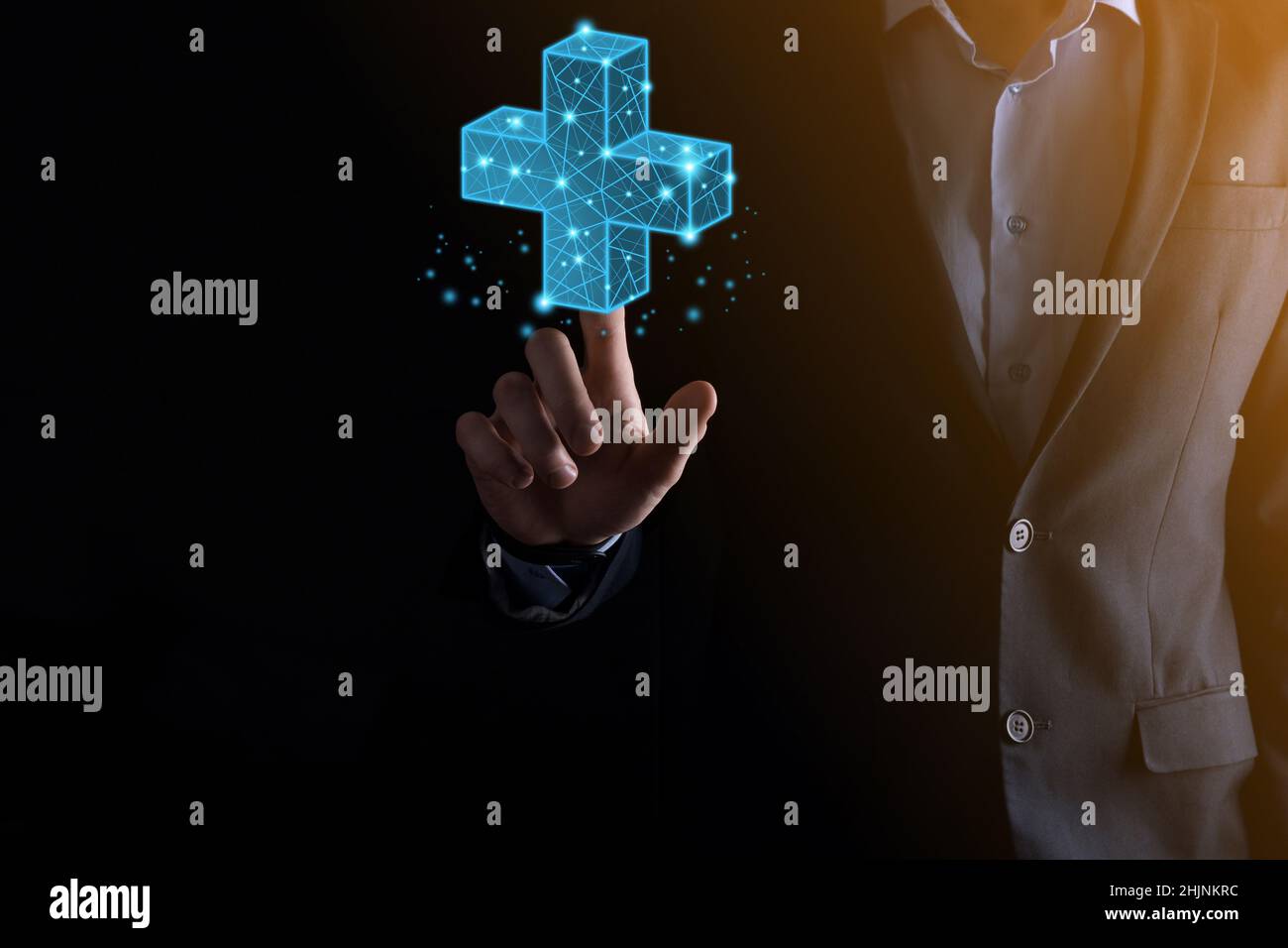 Businessman hand holding 3D plus low polygonal icon.Plus sign virtual ...