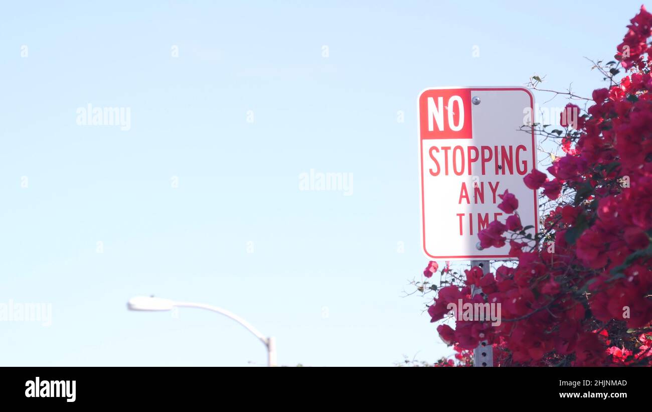 No stopping any time road sign on roadside, California city street, USA ...