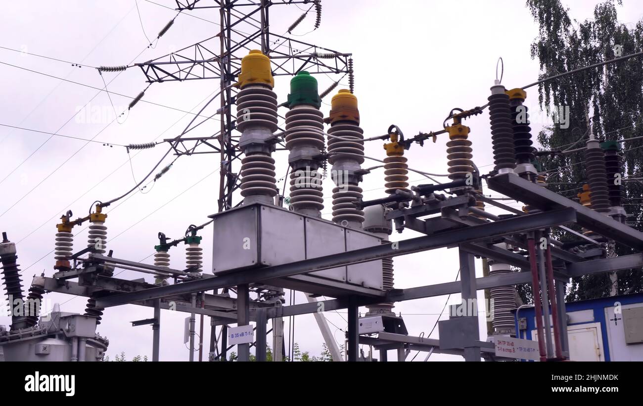 Power lines and electric poles. Frame. High-voltage lines against ...