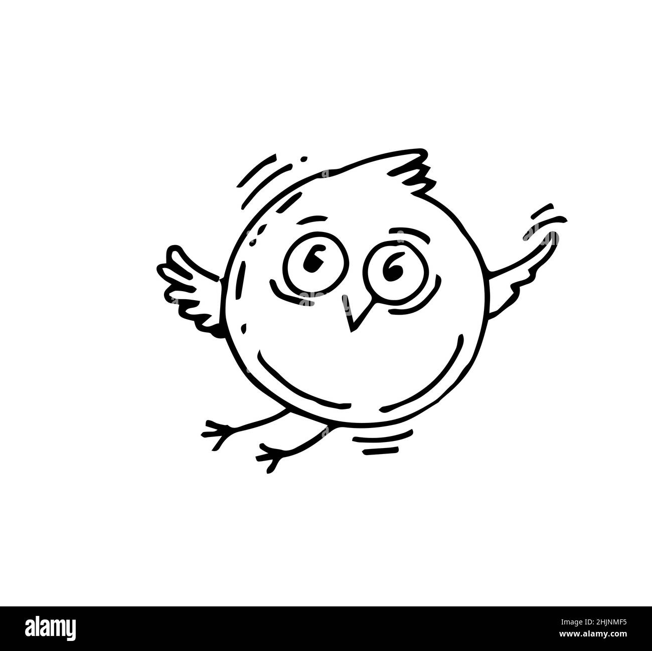Round flying funny bird. Cartoon character. Outline sketch. Hand ...