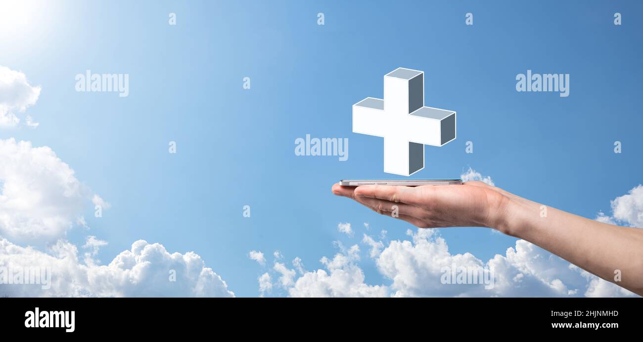 Hand hold 3D plus icon, man hold in hand offer positive thing such as ...