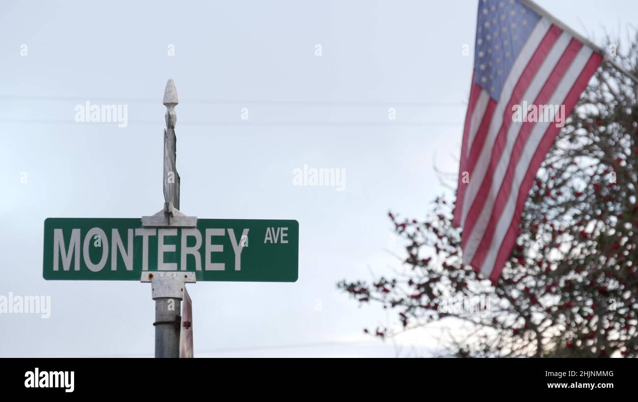 Monterey road sign, California street crossroad, USA. Tourist resort ...