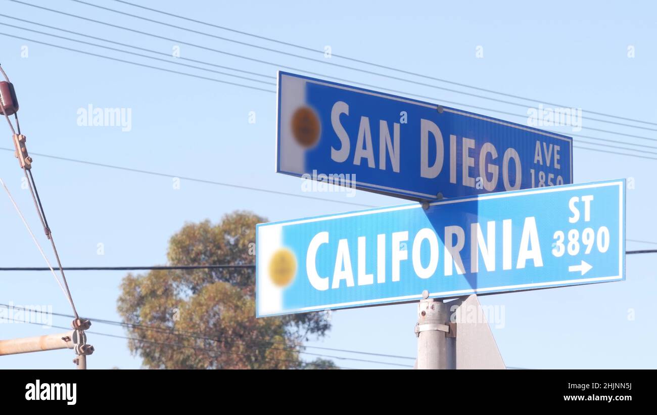 San Diego and California street crossroad sign, road intersection USA ...