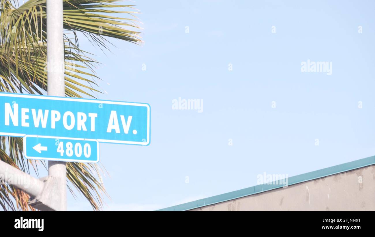 Newport road sign on crossroad, California city street, USA. Waterfront ...