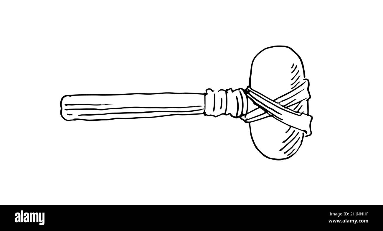 Hammer made of stick and stone. Ancient man's tool. Outline sketch ...