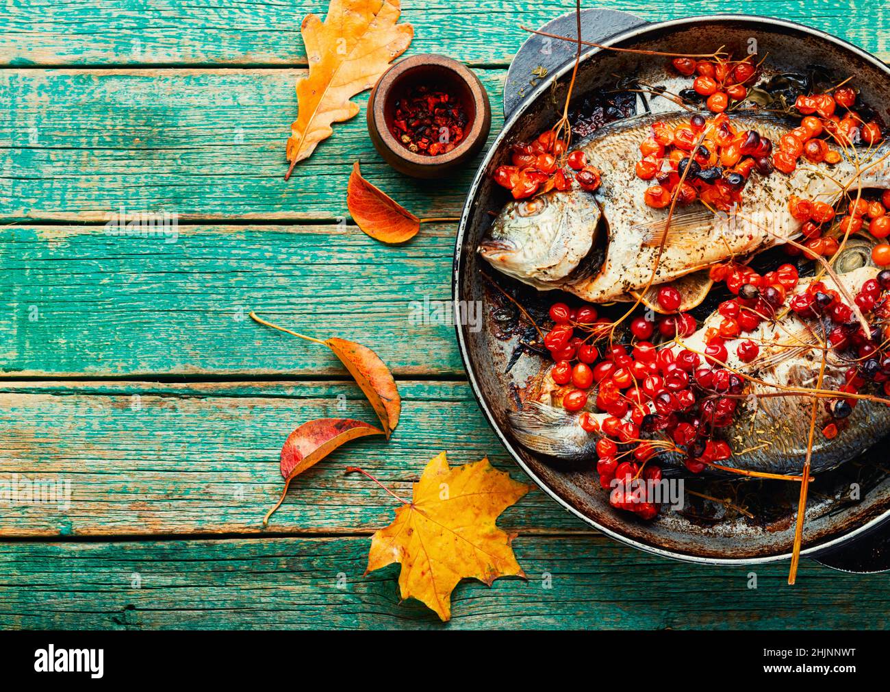 Roasted dorado fish with viburnum berries.Healthy food.Space for text ...
