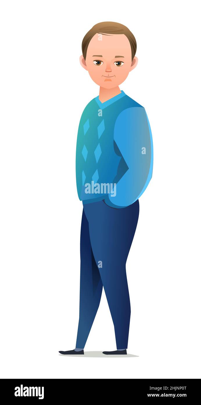 Handsome little boy in pants and sweater. Cheerful middle aged teen ...