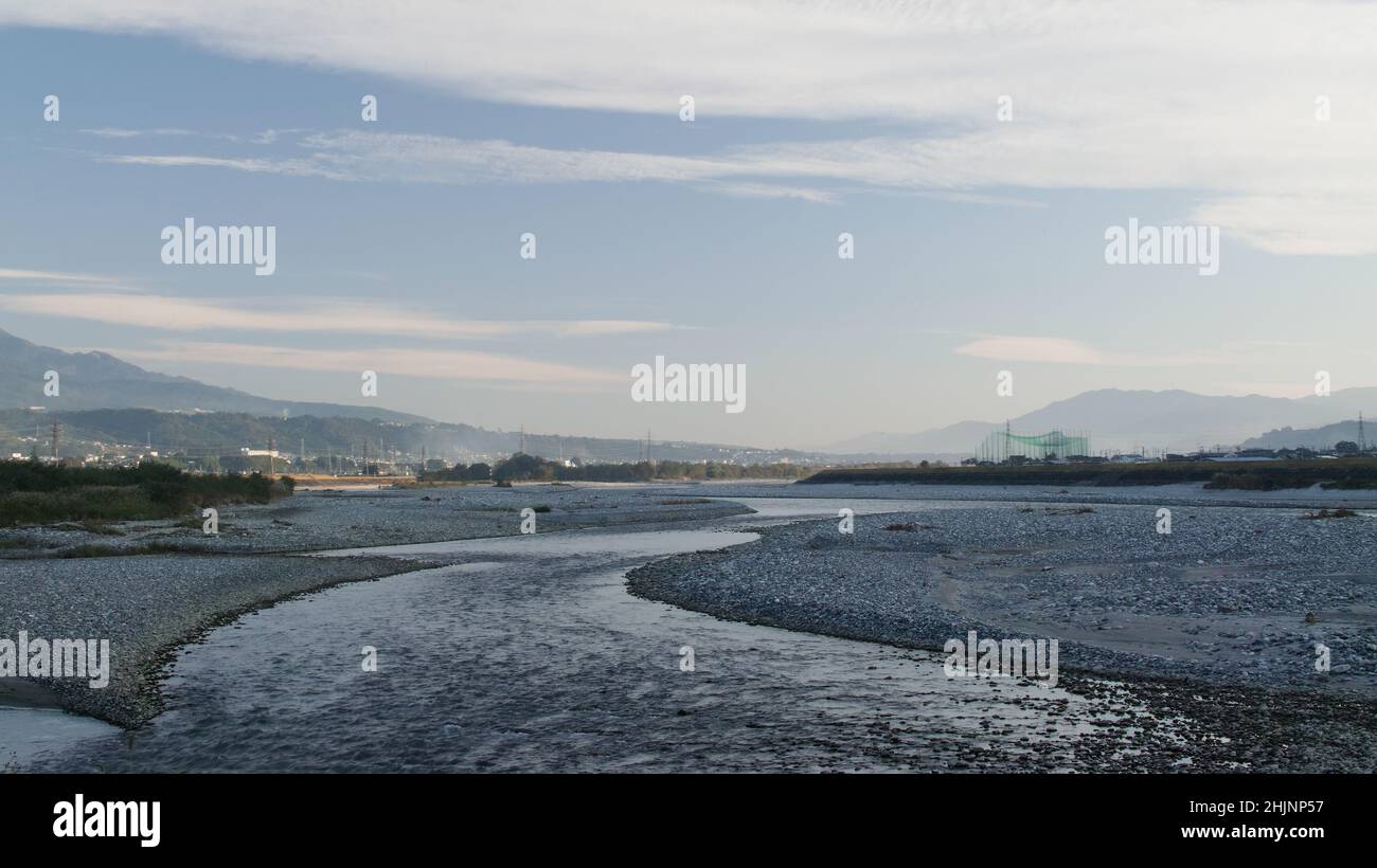 iida, nagano, japan, 2021/01/10 , Early morning view of the Tenryu ...