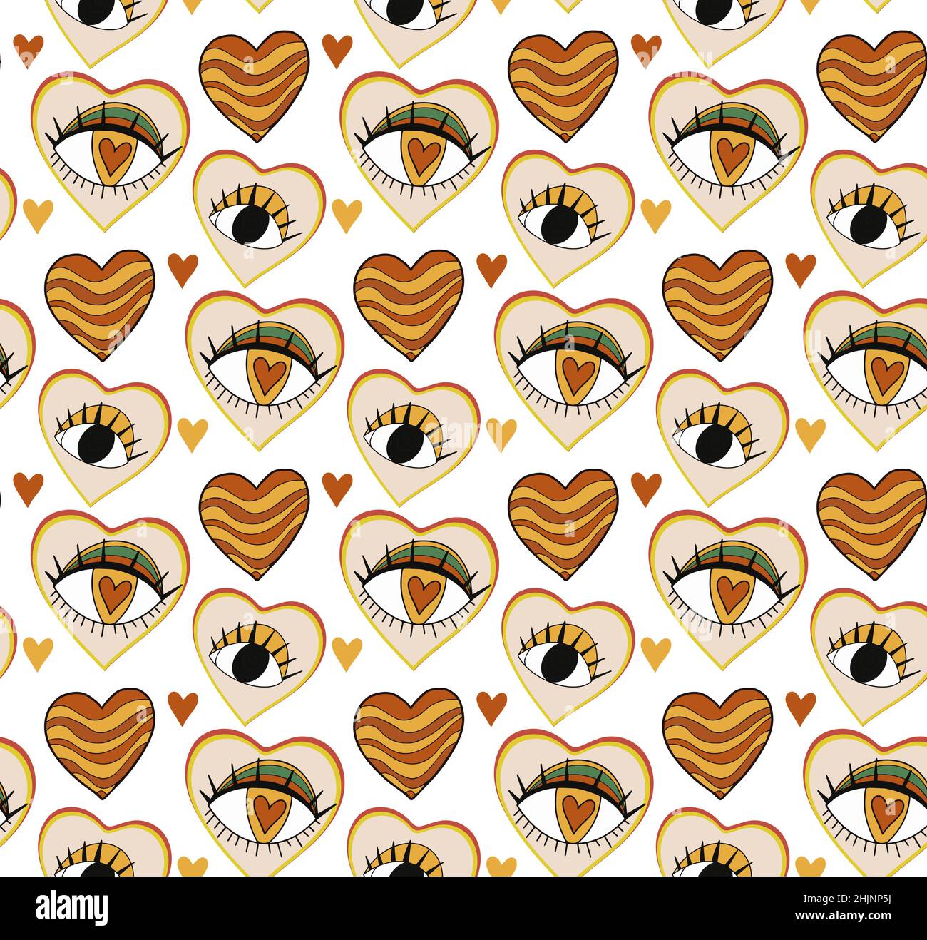 Retro 70s Seamless pattern for Valentine's Day. Hand drawn Hearts with ...