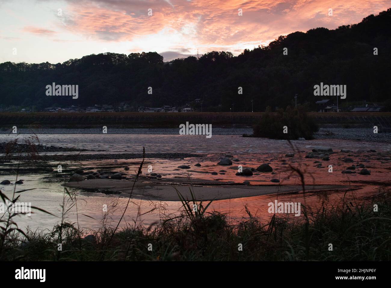 iida, nagano, japan, 2021/01/10 , Early morning view of the Tenryu ...