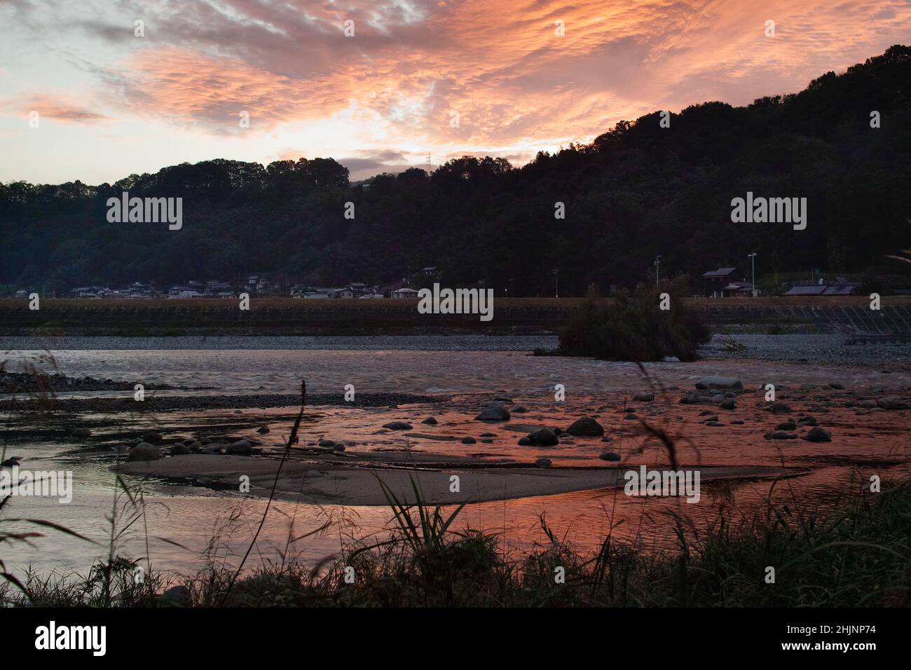 iida, nagano, japan, 2021/01/10 , Early morning view of the Tenryu ...
