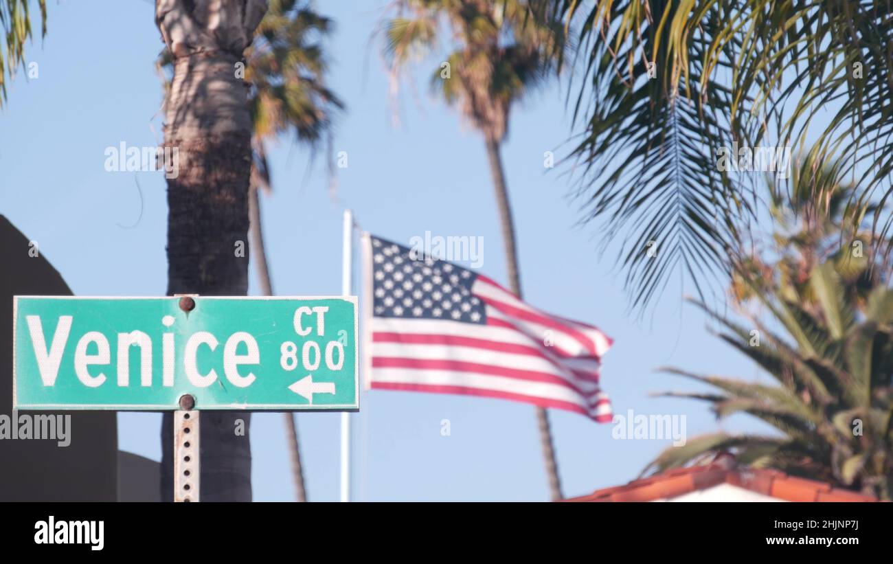 Venice beach road sign on crossroad, California city street, USA ...