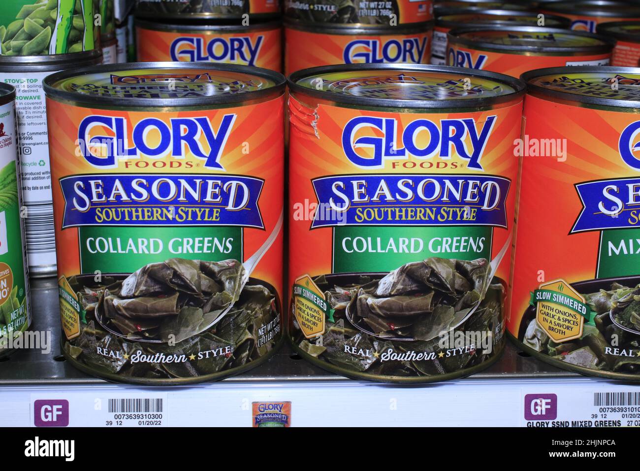 A closeup of GLORY FOODS COLLARD GREENS that's bright and colorful on a ...