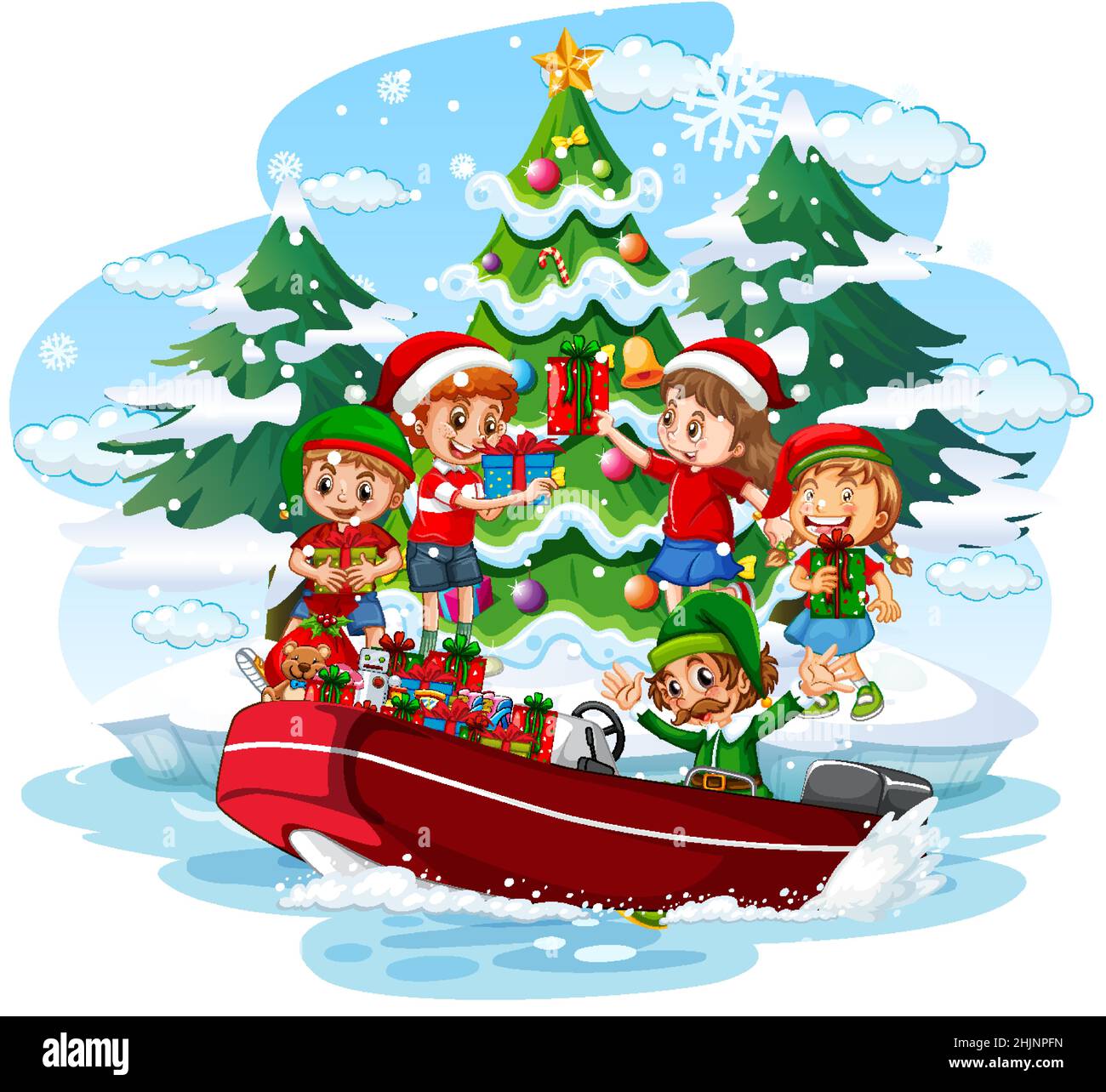 Christmas elf delivering gifts by boat illustration Stock Vector Image ...