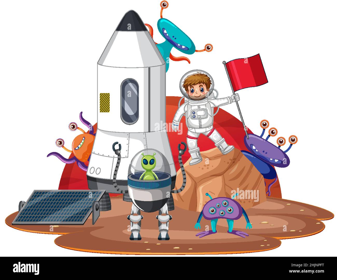 Cartoon astronaut and aliens on planet in cartoon style illustration ...