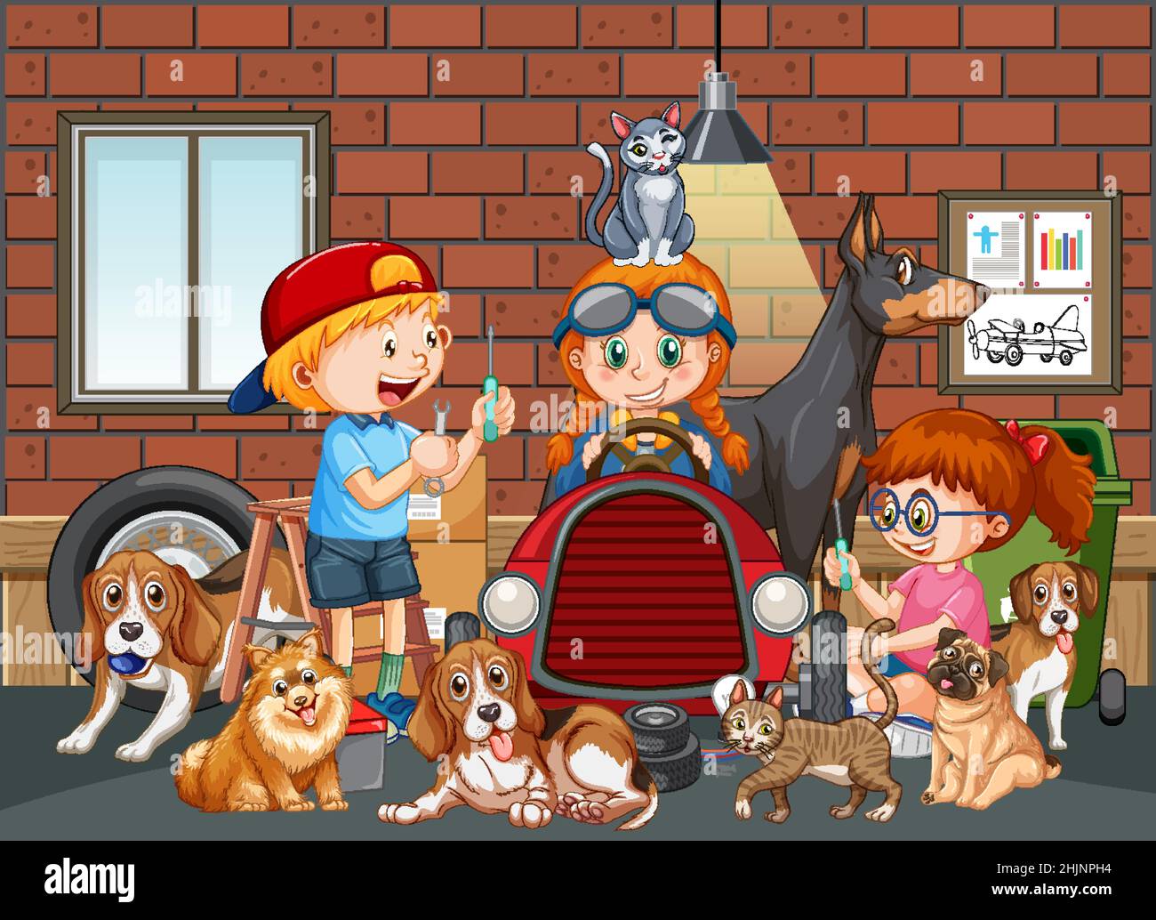 Garage scene with children and their animals illustration Stock Vector ...