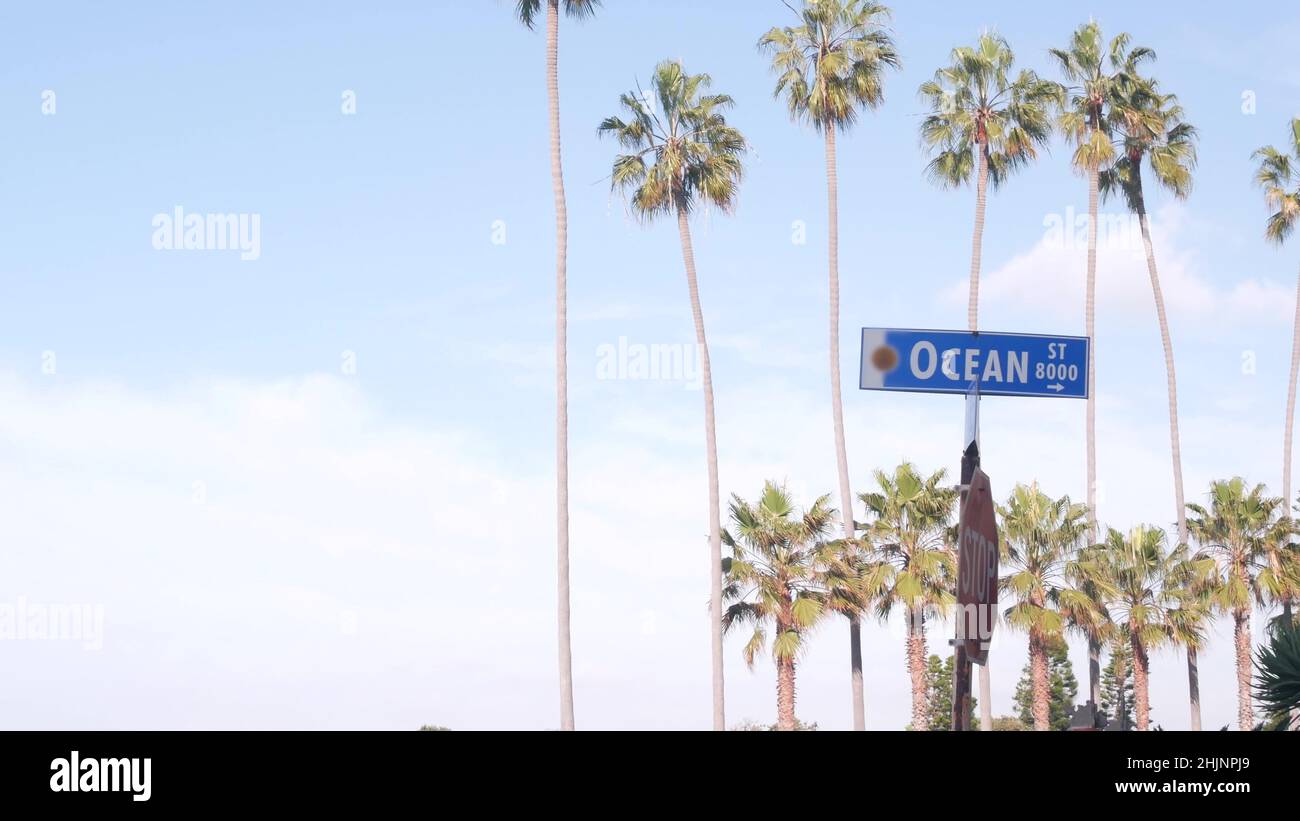 Ocean street road sign on crossroad, California city, USA. Waterfront ...