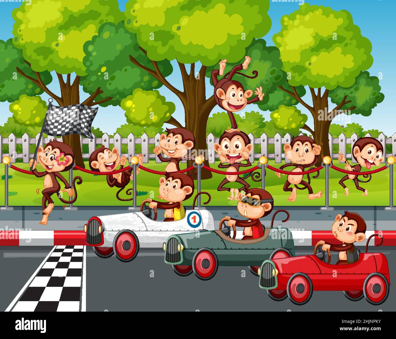 Race track scene with monkey racing drivers illustration Stock Vector ...