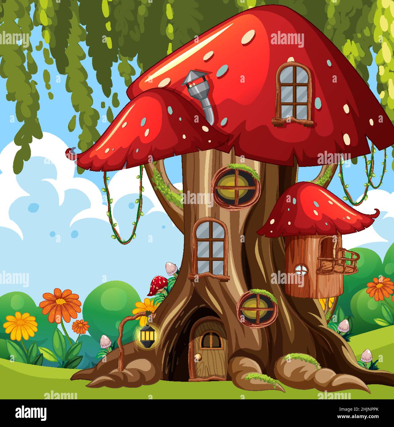Mushroom tree house in the forest illustration Stock Vector Image & Art ...