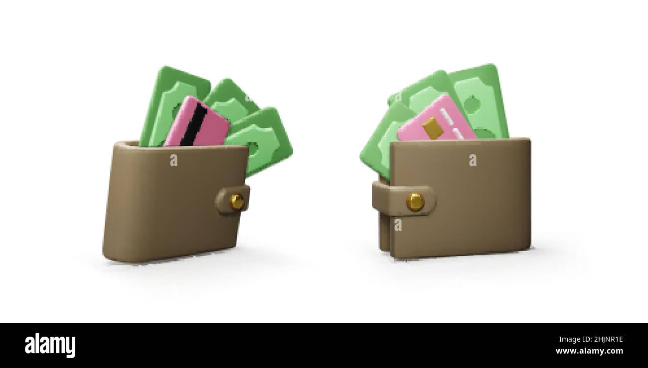 Wallet with paper currency and credit card in realistic cartoon style ...