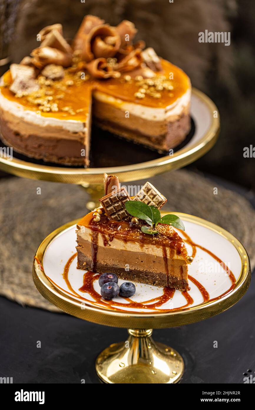 Delicious rich chocolate mousse cake with chocolate bar on top Stock ...