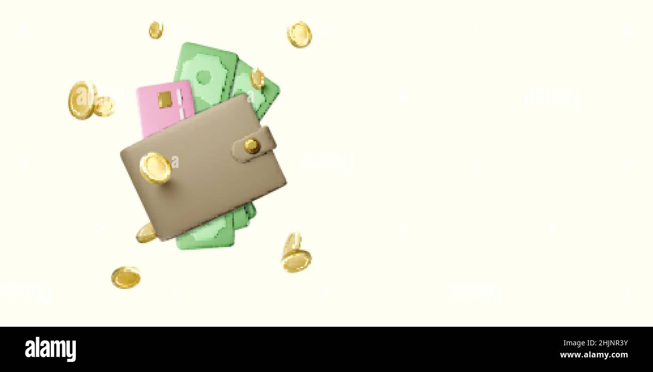 Wallet with paper currency and credit card in realistic cartoon style ...