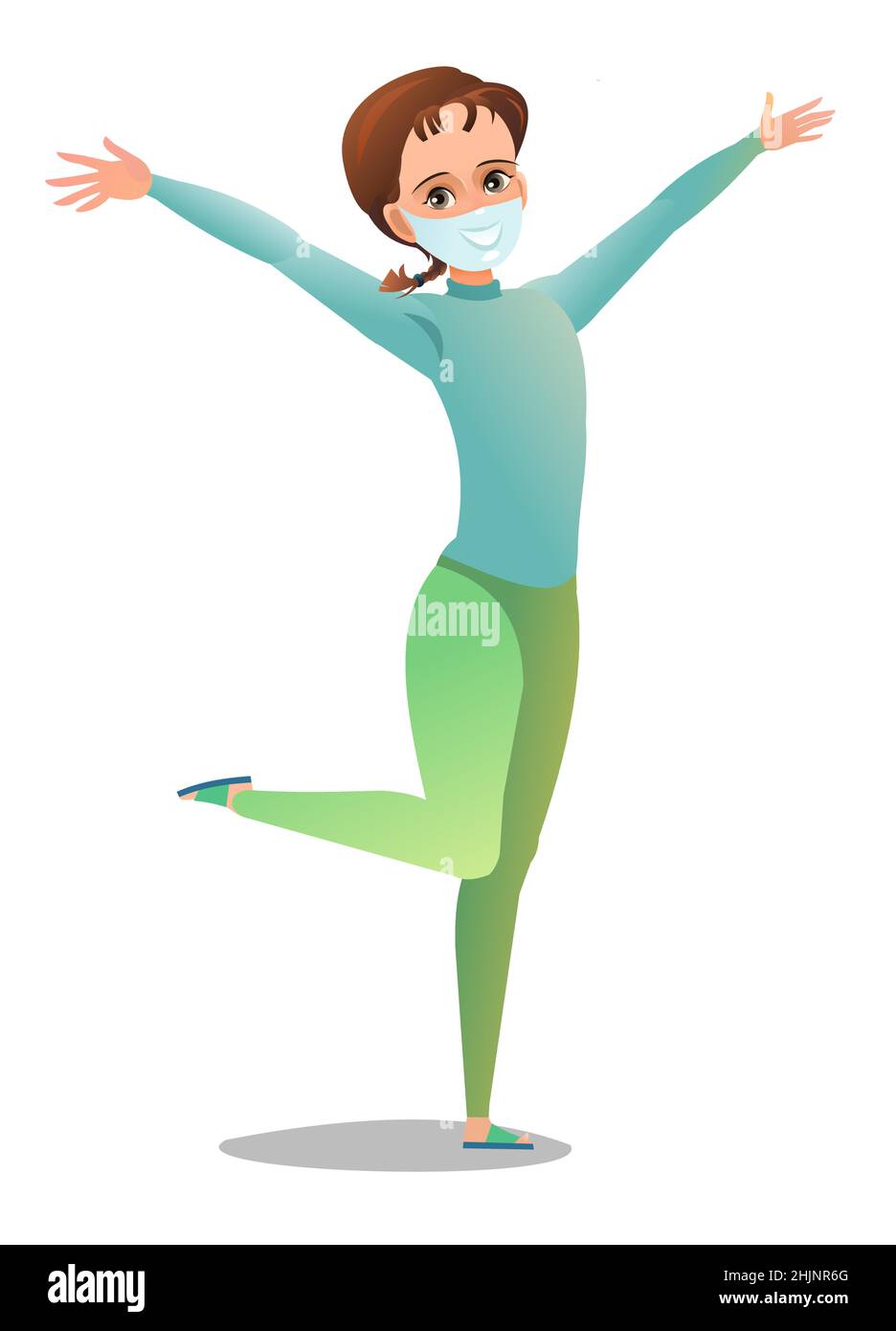 Handsome little girl in mask. Cheerful middle aged teen. Cheerful ...