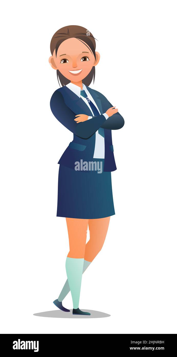 Pretty little girl student. Cheerful girl. Standing pose. Cartoon flat ...