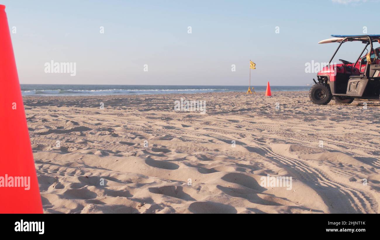 Lifeguard red pickup truck, life guard auto on sand, California ocean ...