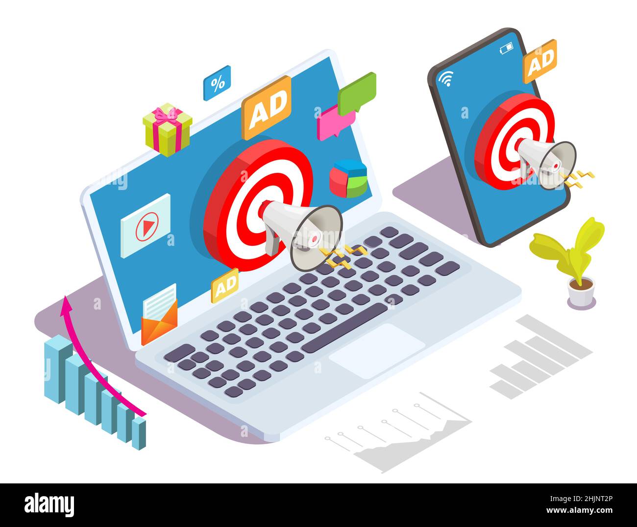 Addressable advertising, targeted promotion, vector isometric ...