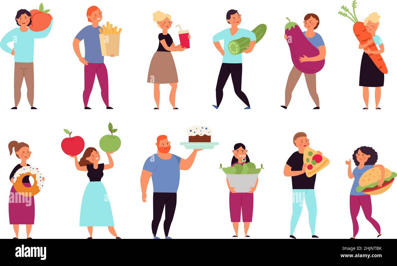 People with food. Vegetables and fast foods, person with snack. Eco ...