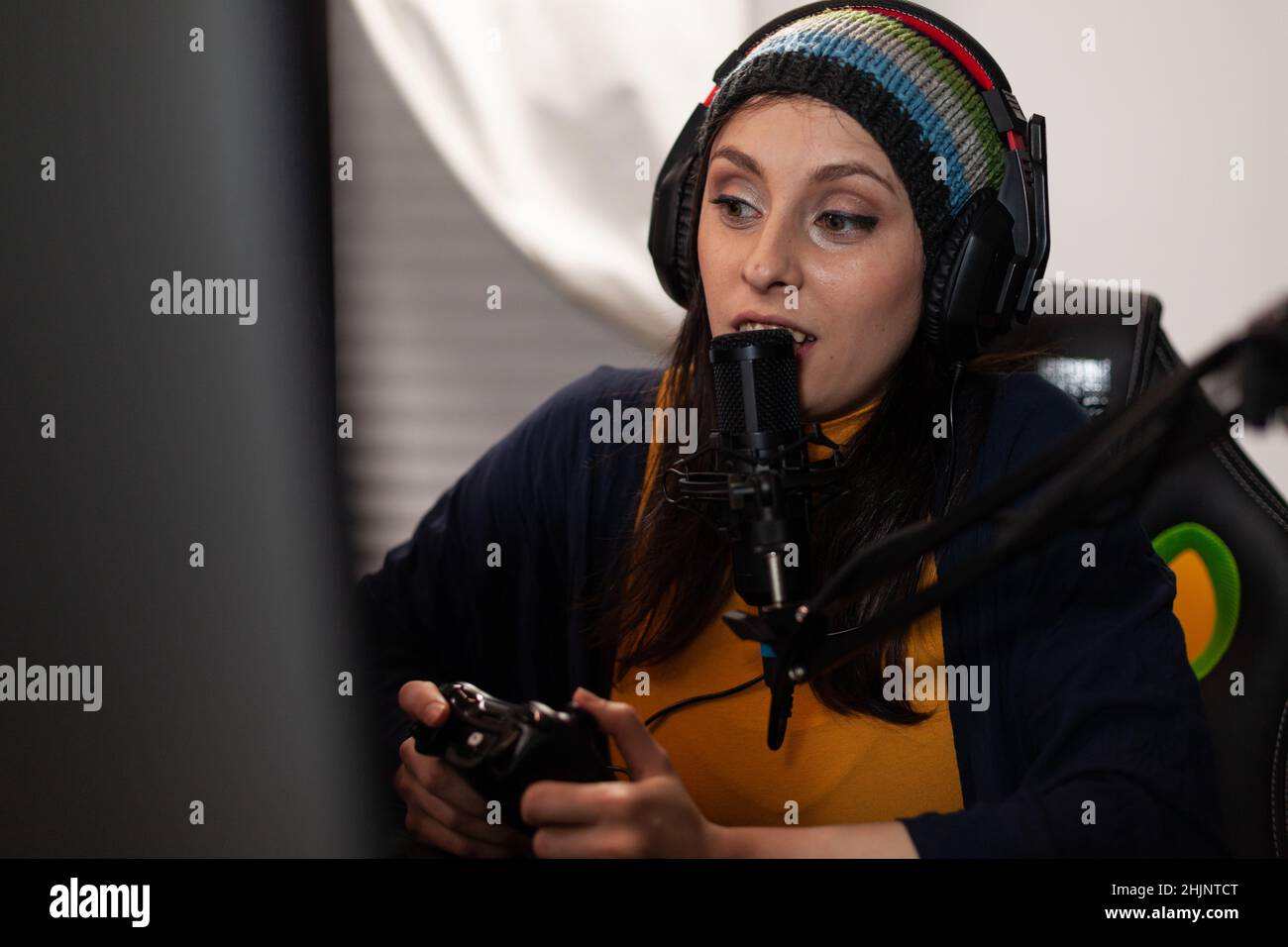 Woman doing live online broadcast hi-res stock photography and images ...