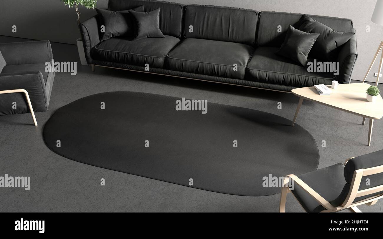 Blank black oval interior carpet in room mockup, side view Stock Photo ...